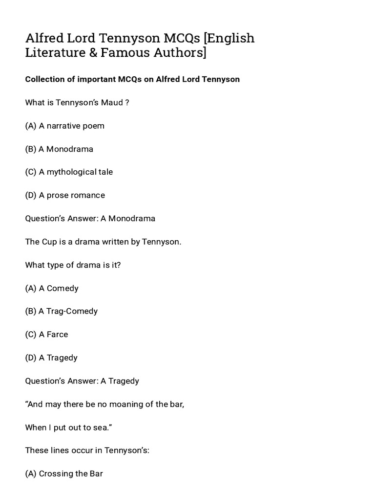 Alfred Lord Tennyson MCQs (English Literature & Famous Authors) | PDF ...