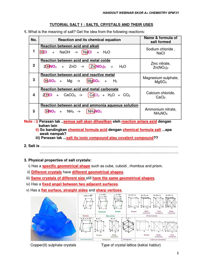 CL CL: Handout Webinar Skor A+ Chemistry SPM '21 | PDF | Salt ...