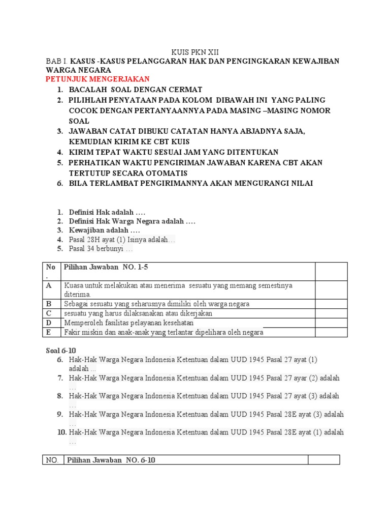 Soal Kuis PKN Xii Bab 1 | PDF