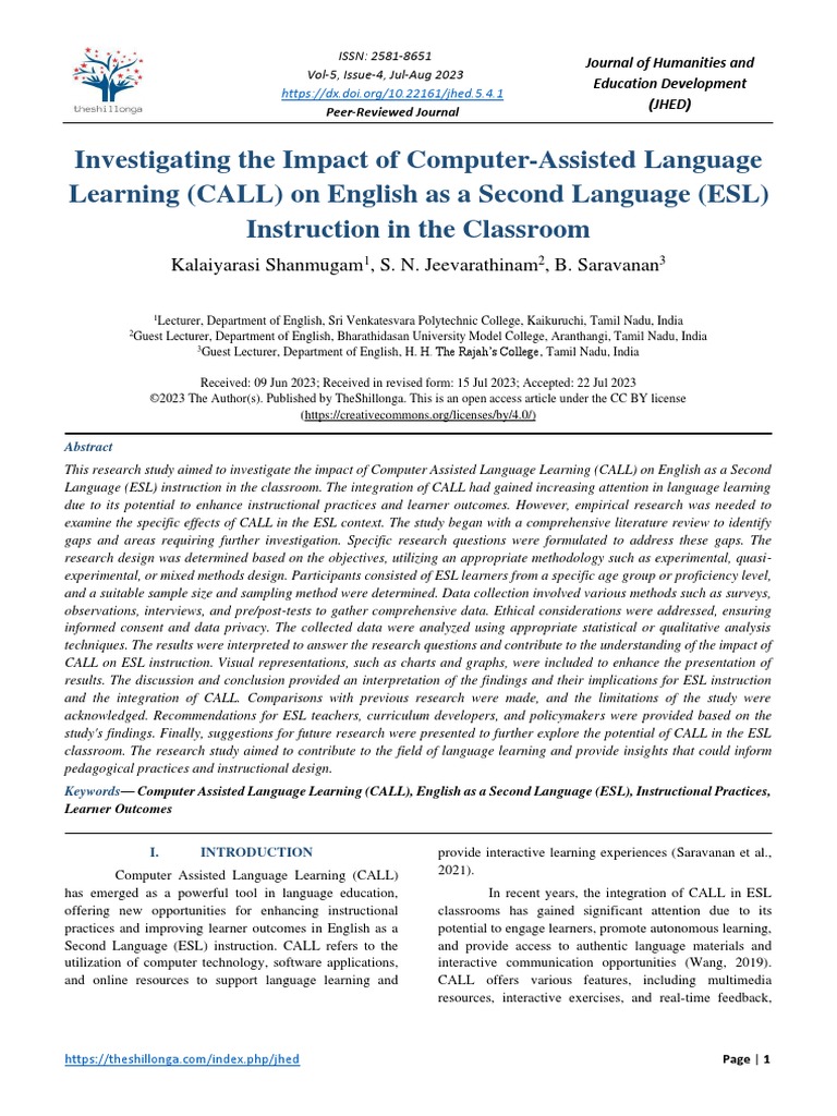 Investigating The Impact of Computer-Assisted Language Learning (CALL) On English As A Second ...
