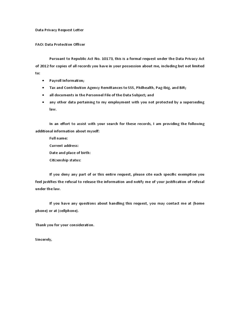 Data Privacy Request Letter | PDF