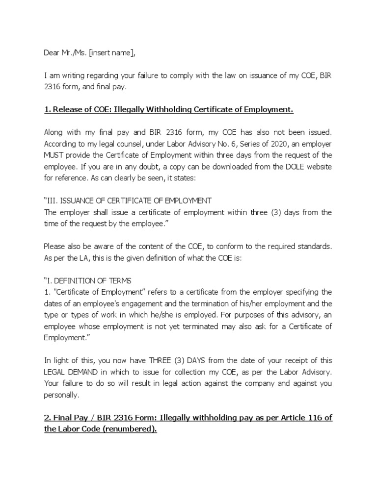 COE Final Pay Demand Letter Personal | PDF | Employment | Salary