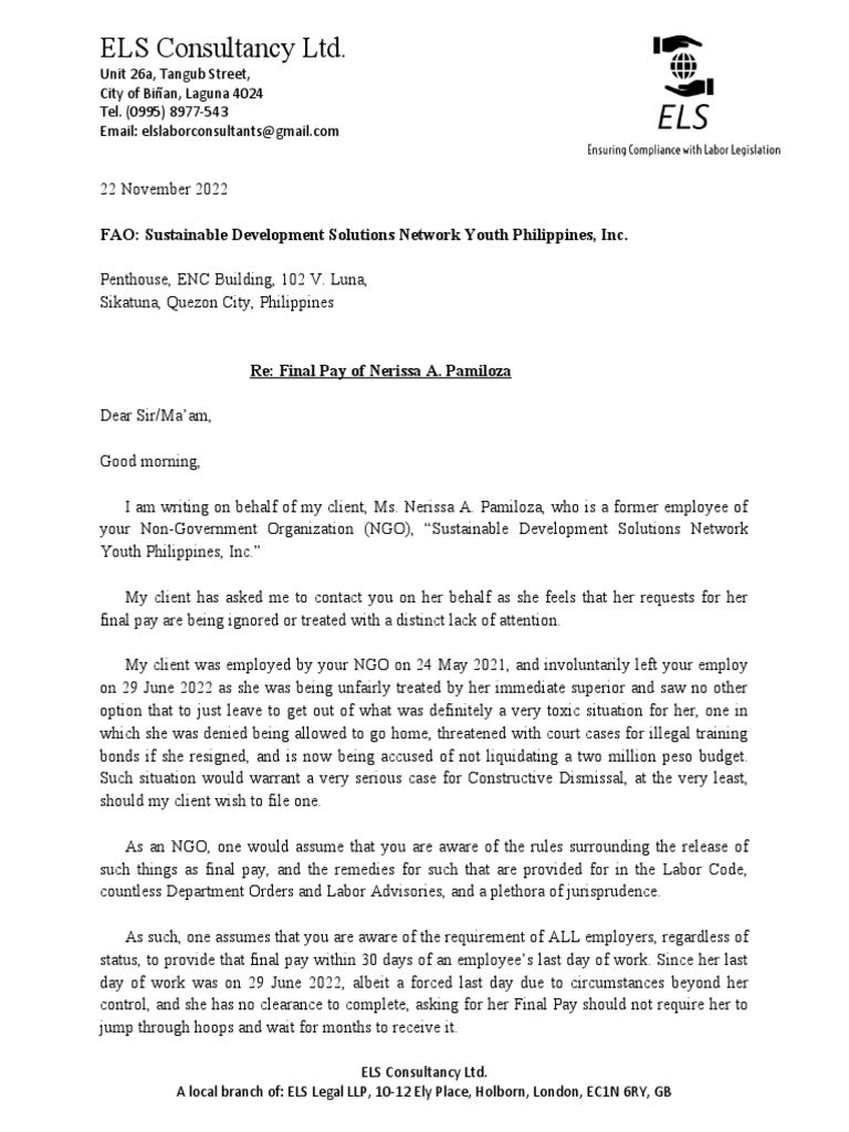 Final Demand - Nerissa a. Pamiloza vs. SDSN Inc. | PDF | Justice | Crime & Violence