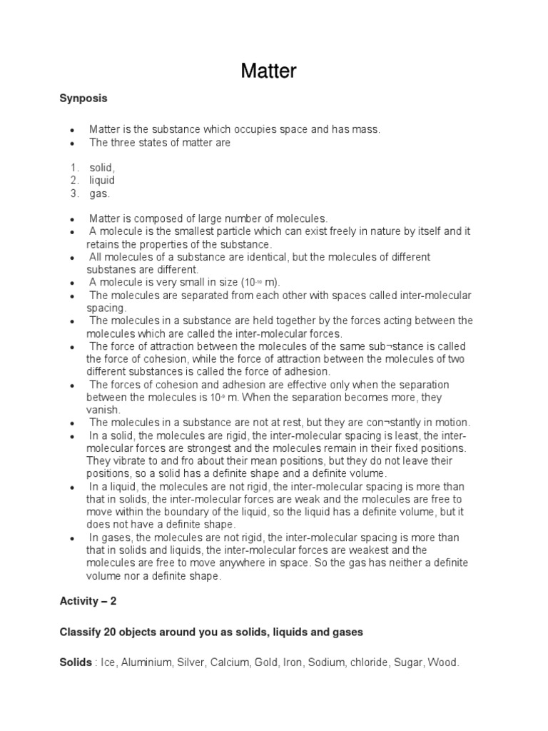 Selina Concise Physics Solutions Class 6 Chapter 1 Matter | PDF ...