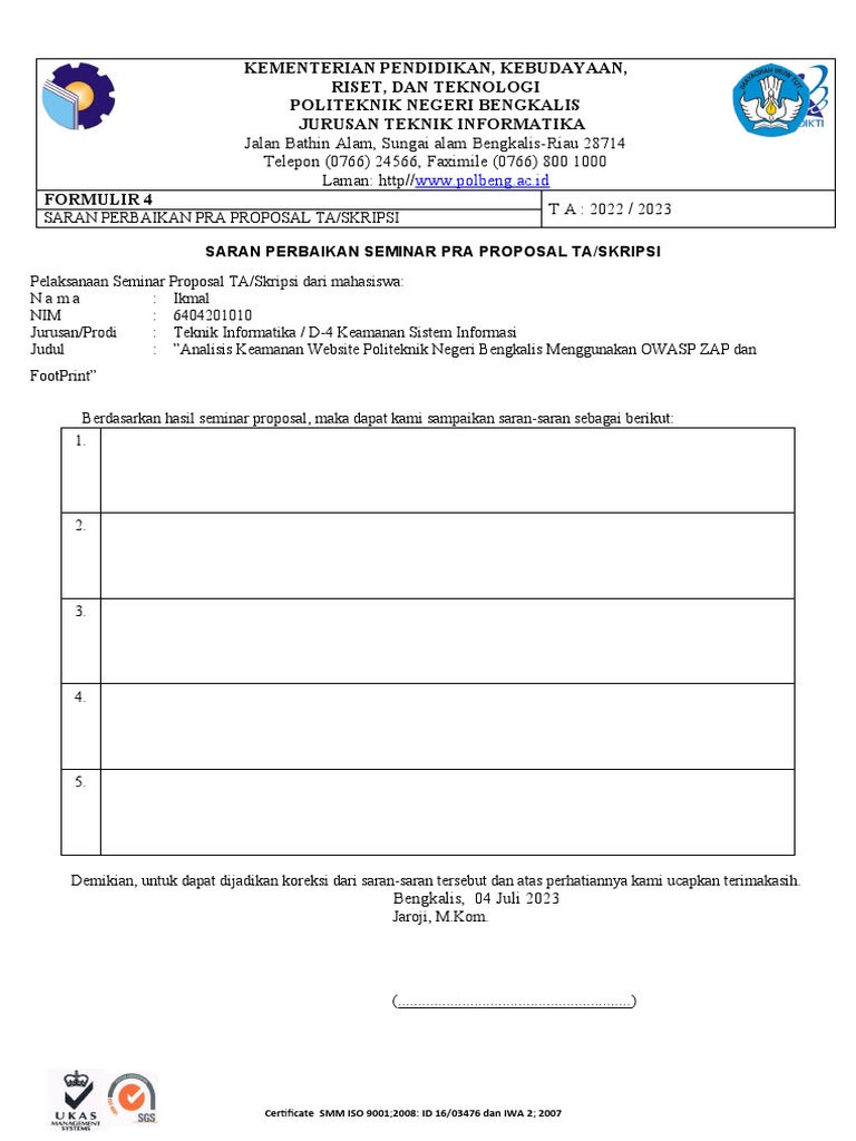 Form 4 Saran Perbaikan Proposal | PDF