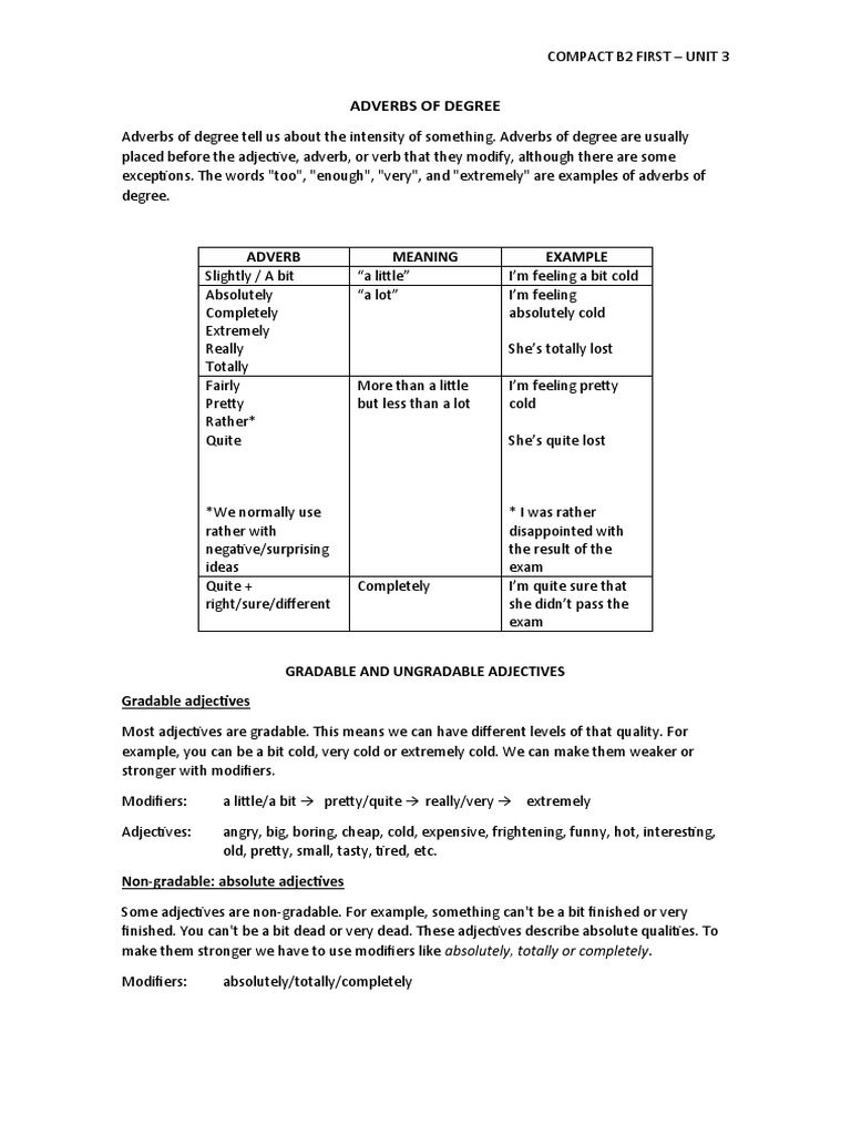 Unit 3 - Adverbs of Degree | PDF | Adverb | Adjective