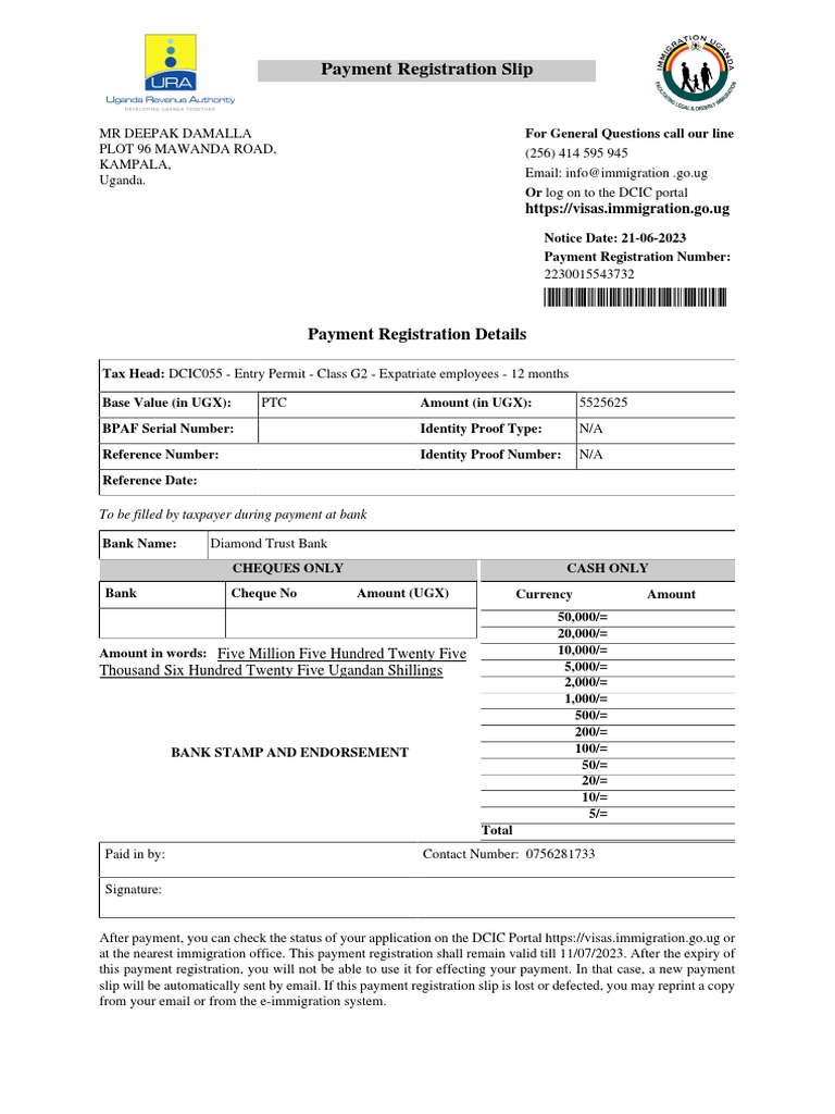 Ura Payment Registration Slip 2230015543732 | Download Free PDF | Payments | Cheque