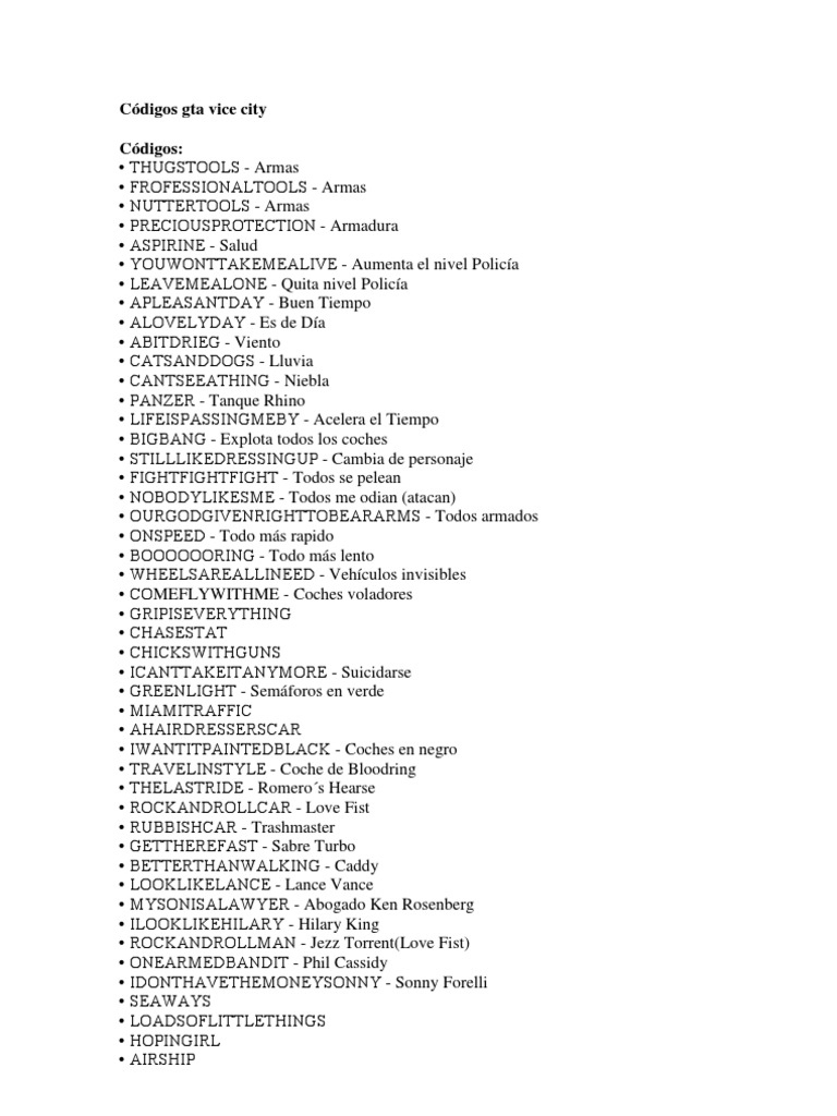 Códigos Gta Vice City | PDF | Robo | Ocio