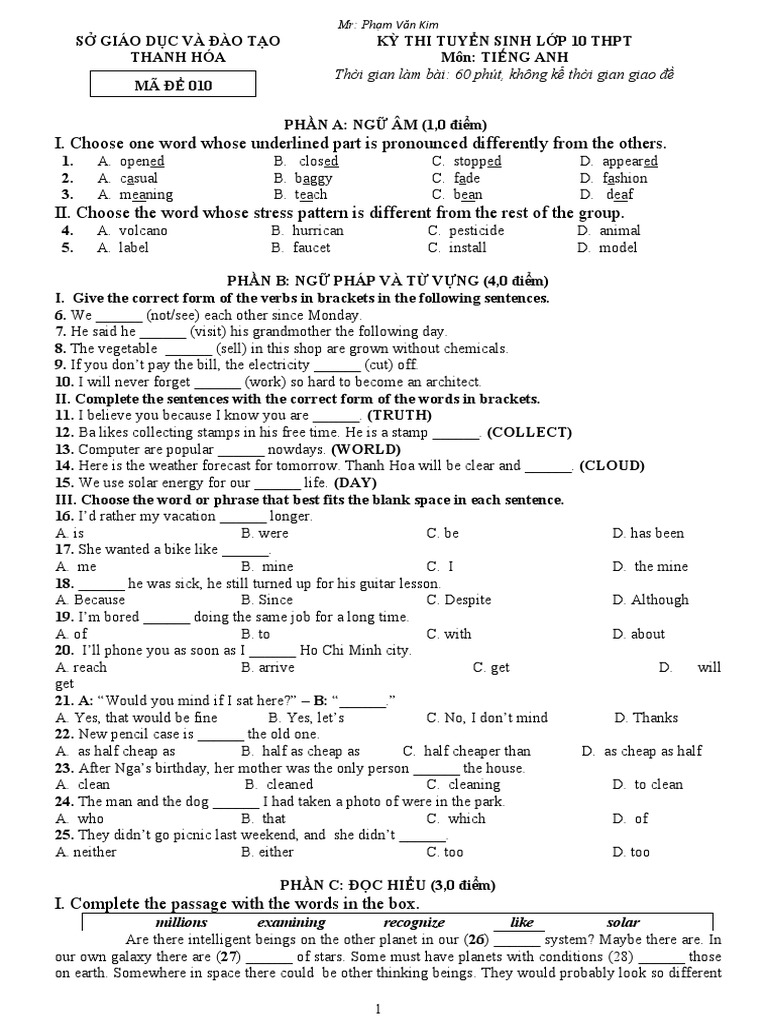 50 Đề Thi Vào 10 Môn Anh Tỉnh Thanh Hóa Có Đáp Án MÃ ĐỀ 010 | PDF | Email Spam