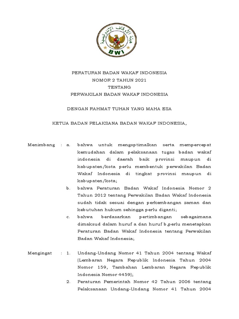 Peraturan BWI Nomor 2 Tahun 2021 | PDF
