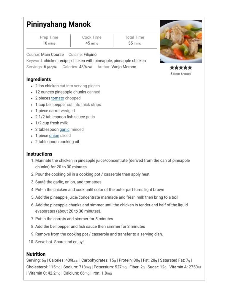 Pininyahang Manok Recipe | PDF