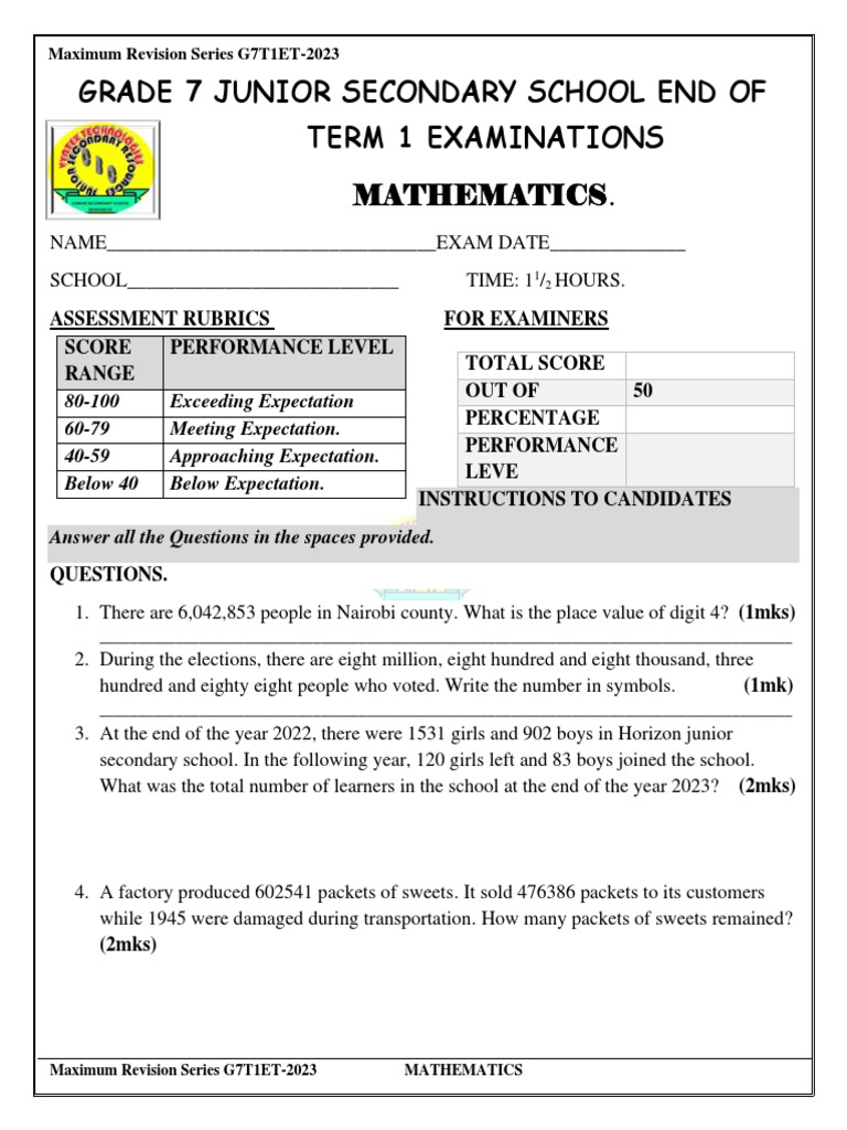 JSS Term 1 Endterm Exam G7 Mathematics | PDF | Mathematics