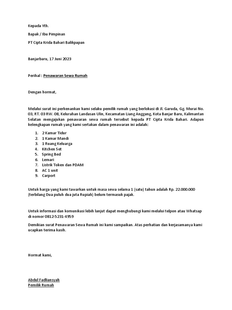 Draft Surat Penawaran Sewa Rumah | PDF