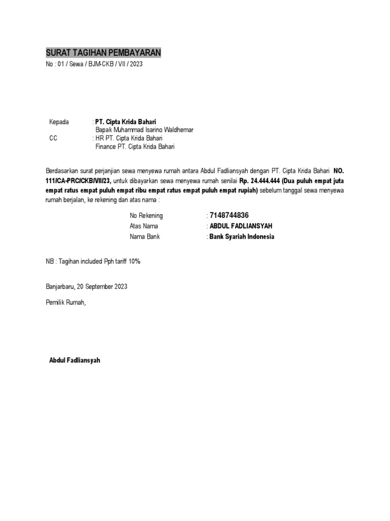 Surat Tagihan Sewa Rumah | PDF