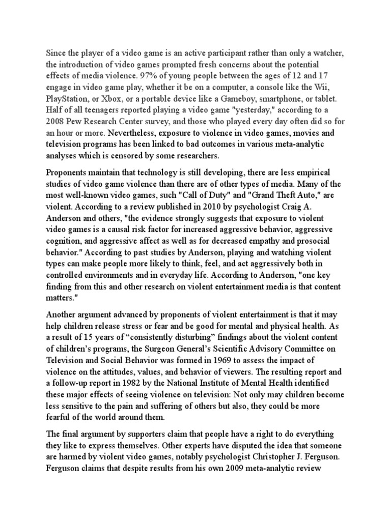Argumentative Essay | PDF | Video Games | Violence