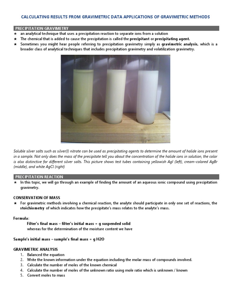 Calculating Results From Gravimetric Data Applications of Gravimetric Methods | PDF | Mole (Unit ...