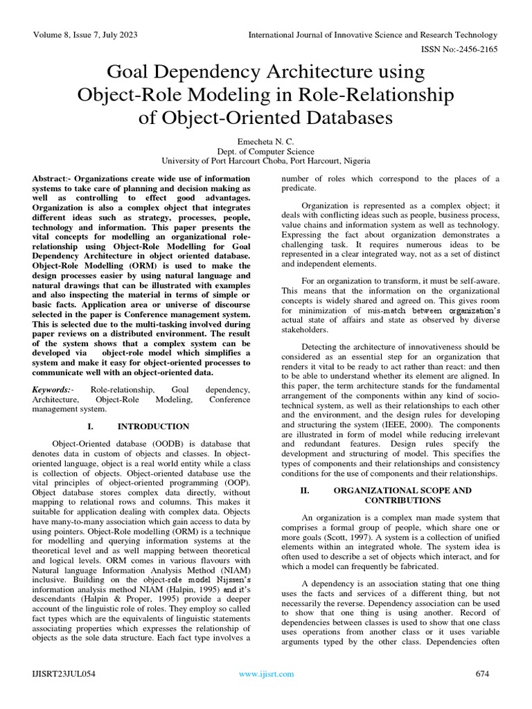 Goal Dependency Architecture Using Object Role Modeling In Role Relationship Of Object Oriented