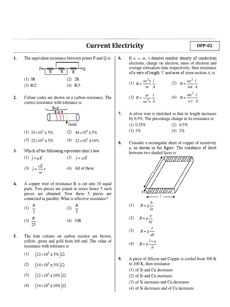 Current Electricity - DPP 02 (Of Lec 03) | PDF | Electrical Resistance And Conductance | Voltage