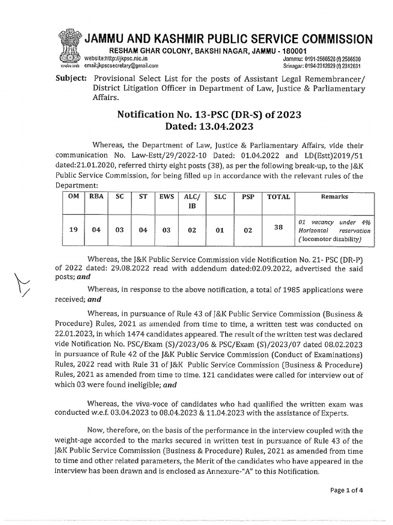 Selection List of Assistant Legal Remembrancer - District Litigation ...