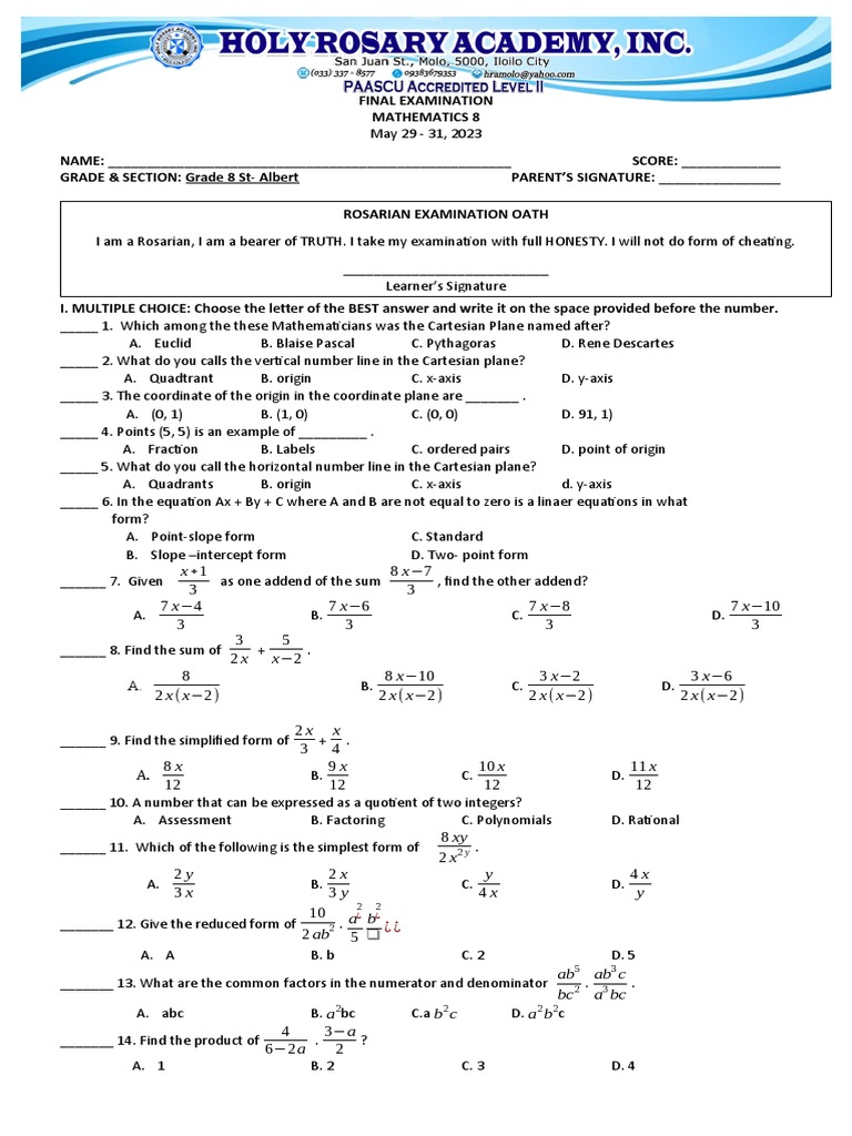 Final Math 8 Sy 2022 2023 | Download Free PDF | Equations | Factorization