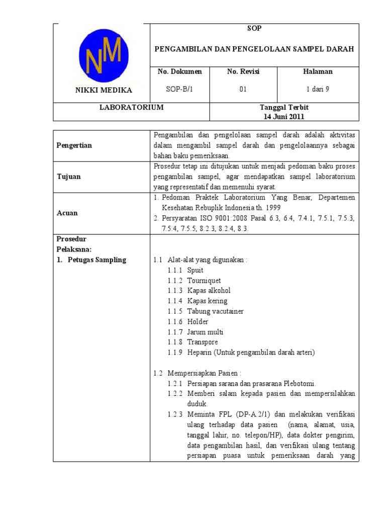 SOP Pengambilan Sampel Darah | PDF
