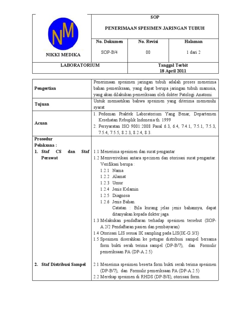 SOP-B.4 Penerimaan Spesimen Jaringan Tubuh | PDF