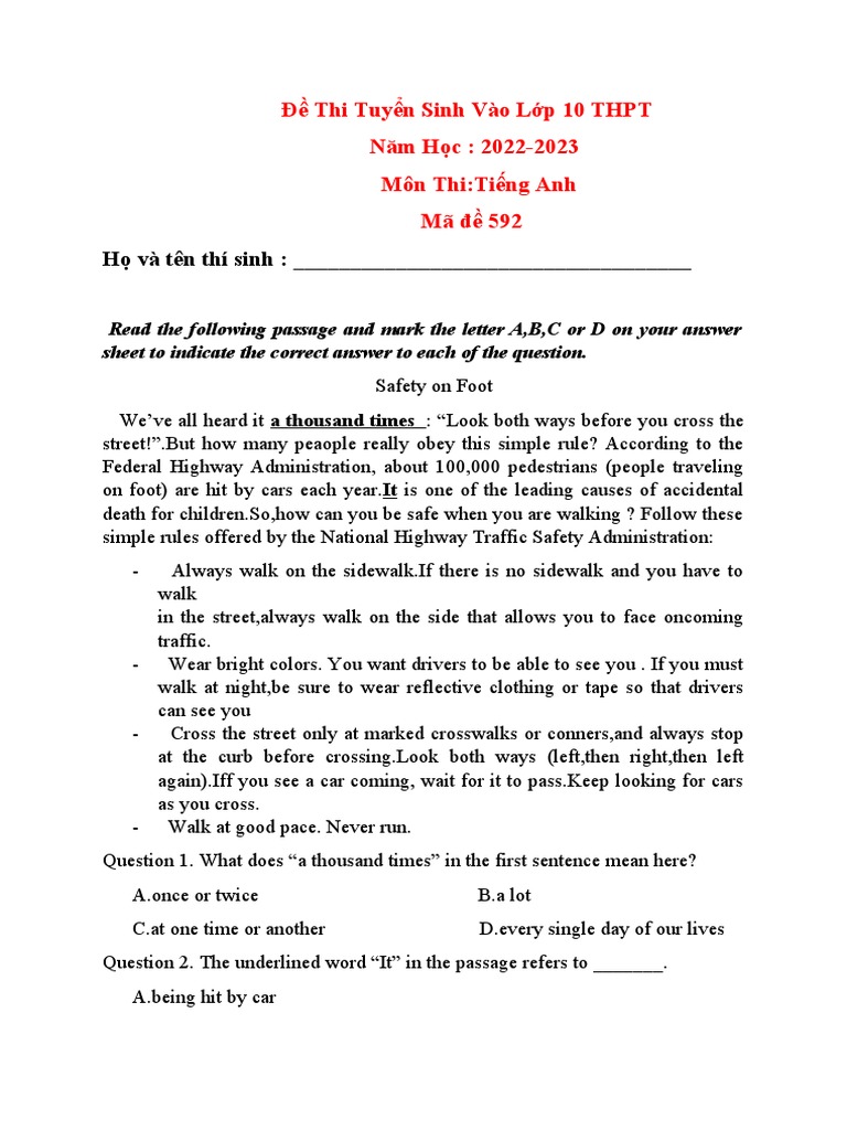 Đề Thi Tuyển Sinh Vào Lớp 10 THPT | PDF | Pedestrian Crossing | Road Transport