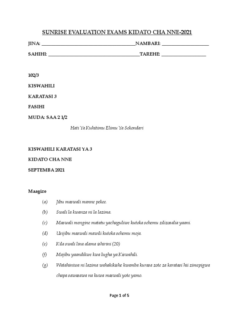 102 F4 Kiswahili P3 QS | PDF