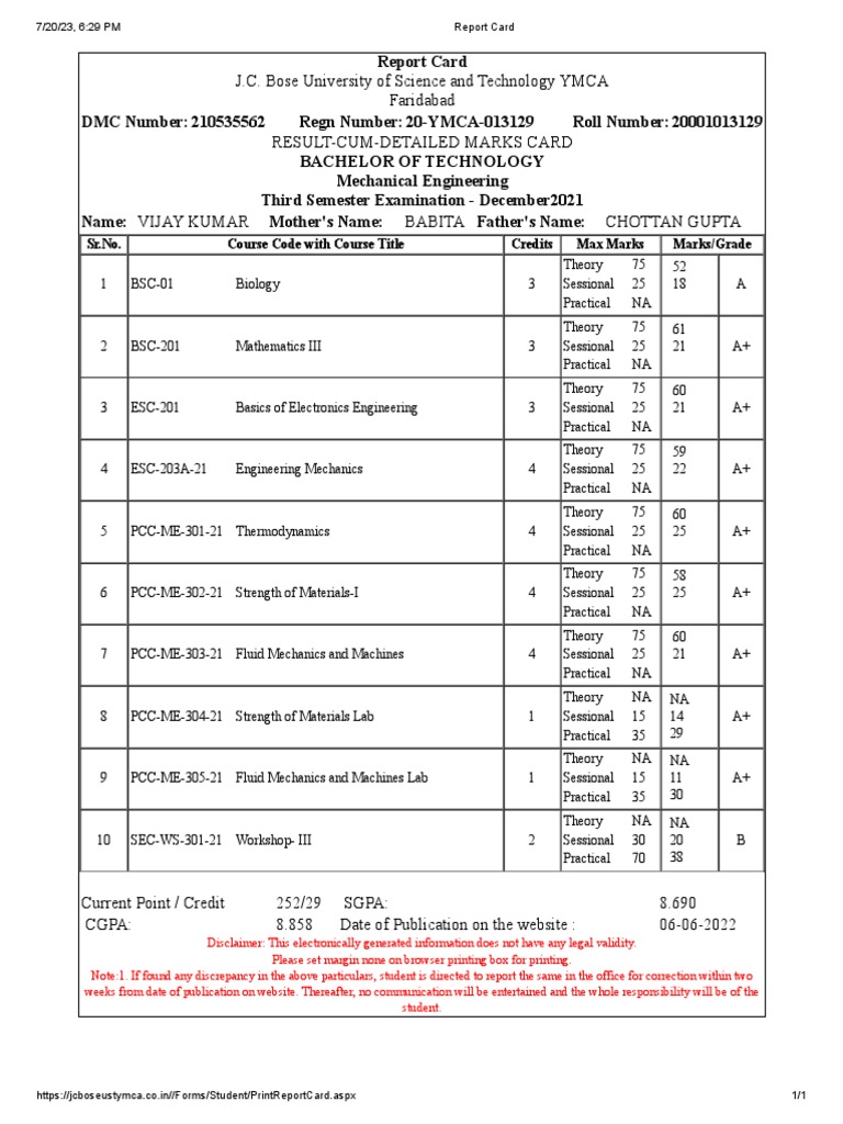 Report Card 3rd Sem | Download Free PDF | Mechanical Engineering | Engineering