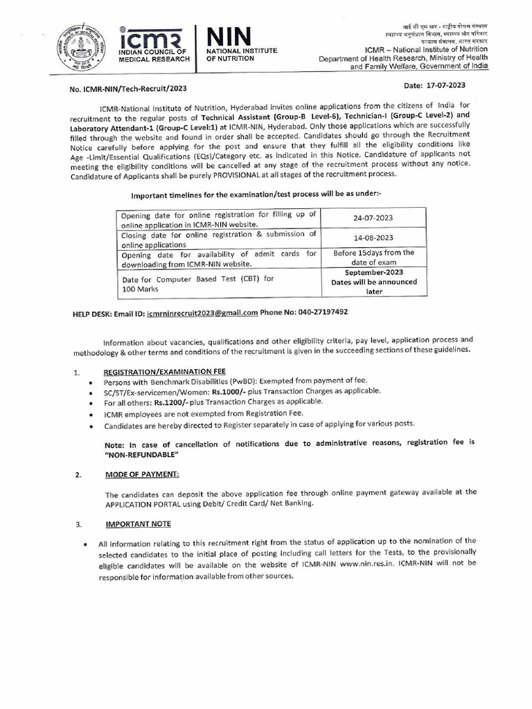 ICMR NIN Recruitment 2023 For 116 Posts | PDF