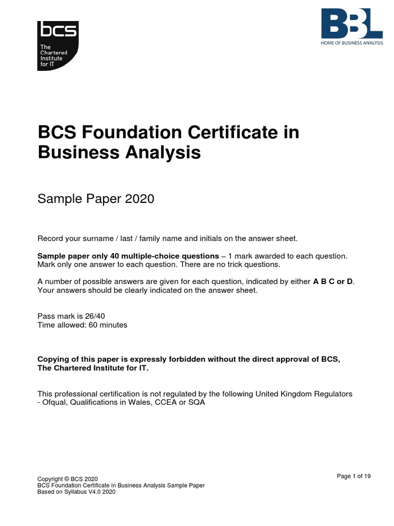 BCS Foundation V4.0 Sample Paper - BBL | PDF | Business Analysis | Use Case