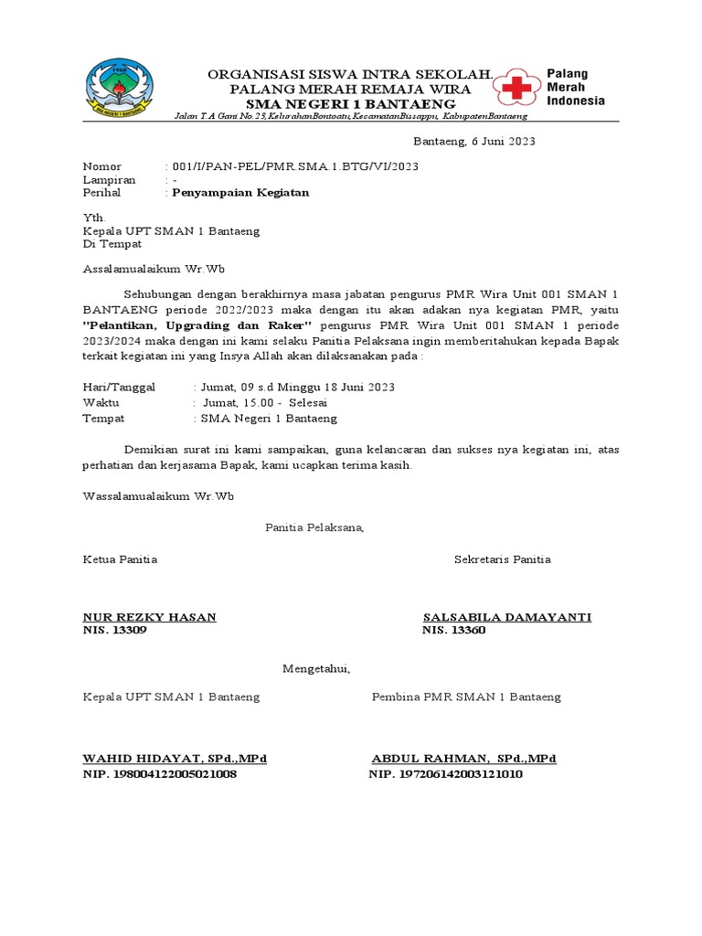 Surat Penyampaian Kegiatan Pelantikan PMR Smansa | PDF