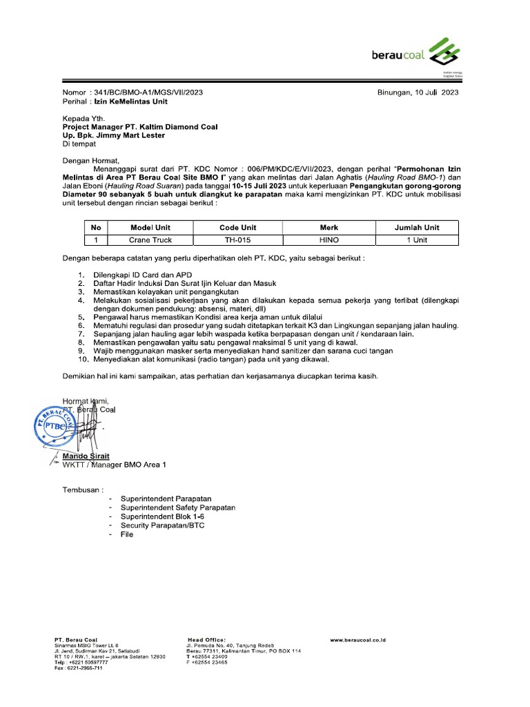 341 - PT. KDC Izin Melintas Di Area PT Berau Coal | PDF