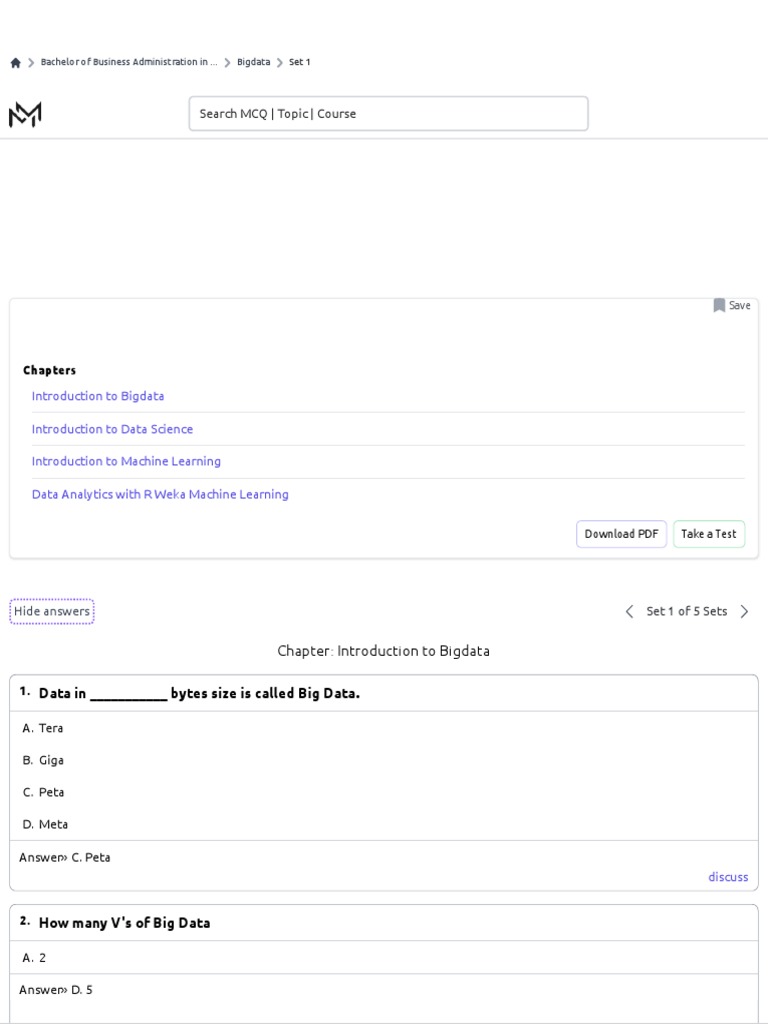 100+ Bigdata Solved MCQs With PDF Download | PDF | Big Data | Apache Hadoop