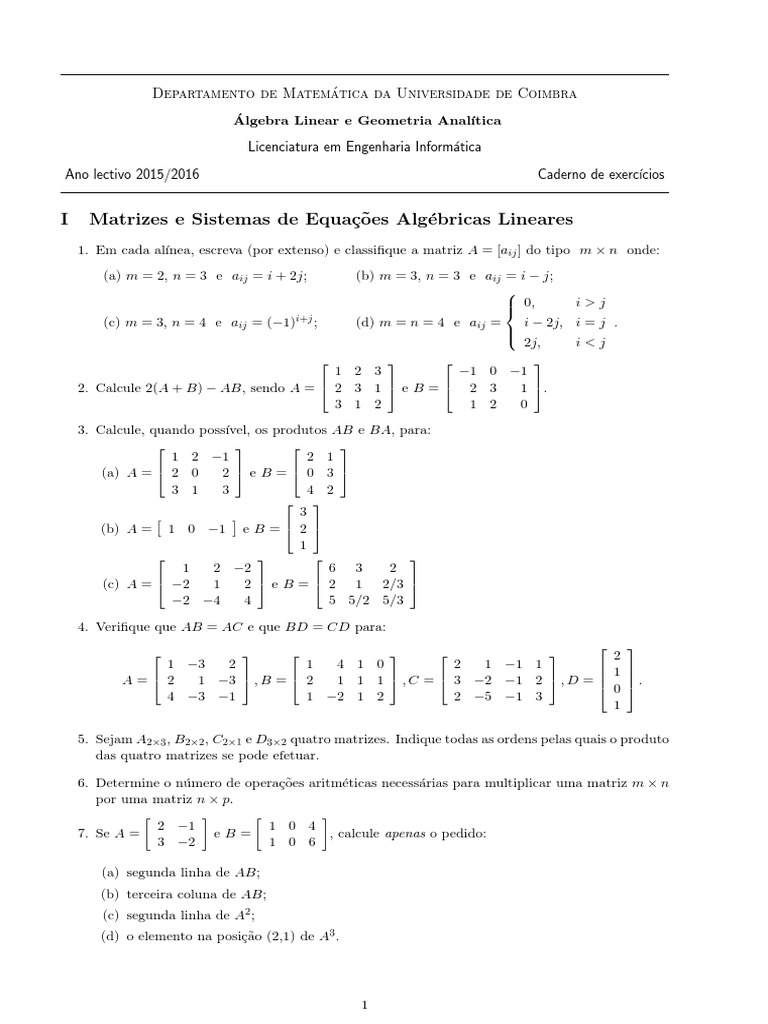 Exercícios de Álgebra Linear | PDF | Analise matemática | Álgebra linear