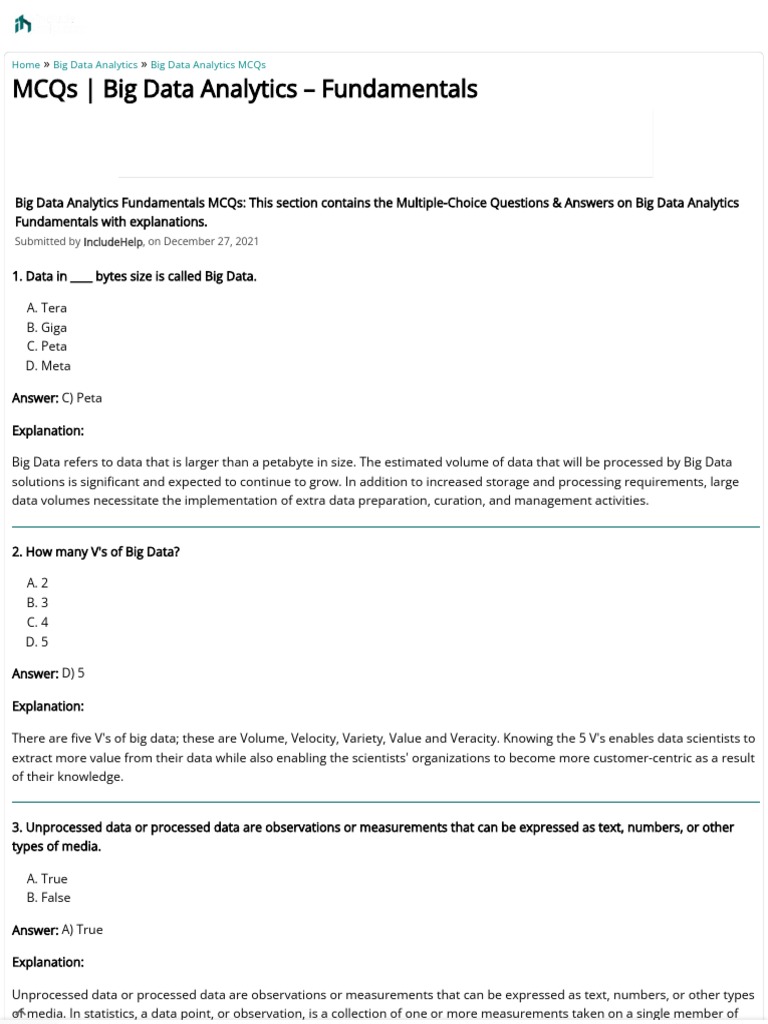 MCQs - Big Data Analytics - Fundamentals | Download Free PDF | Databases | Cloud Computing