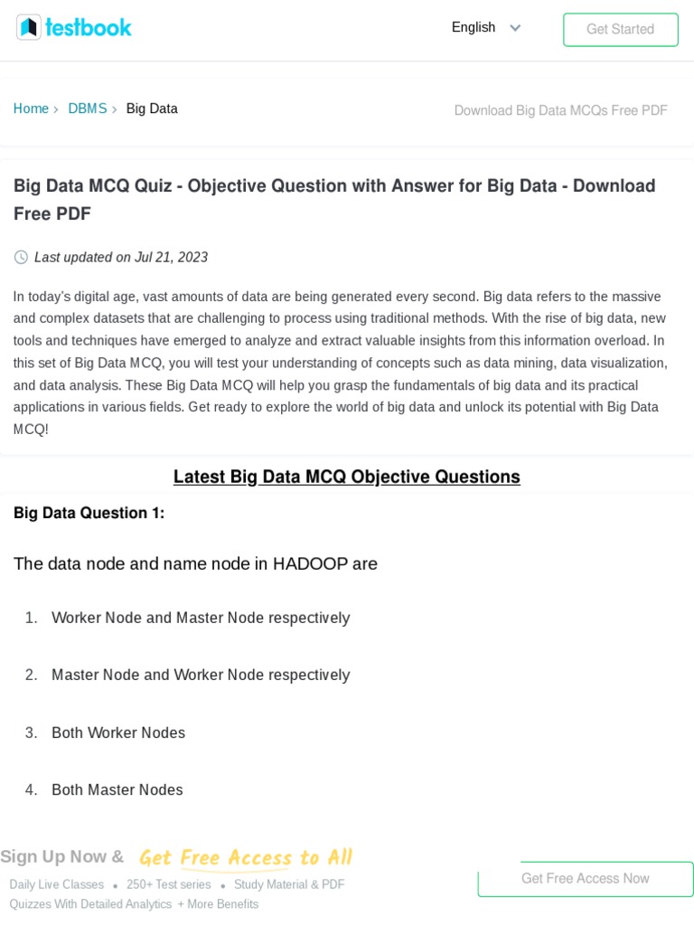 Big Data MCQ (Free PDF) - Objective Question Answer For Big Data Quiz - Download Now! | PDF ...