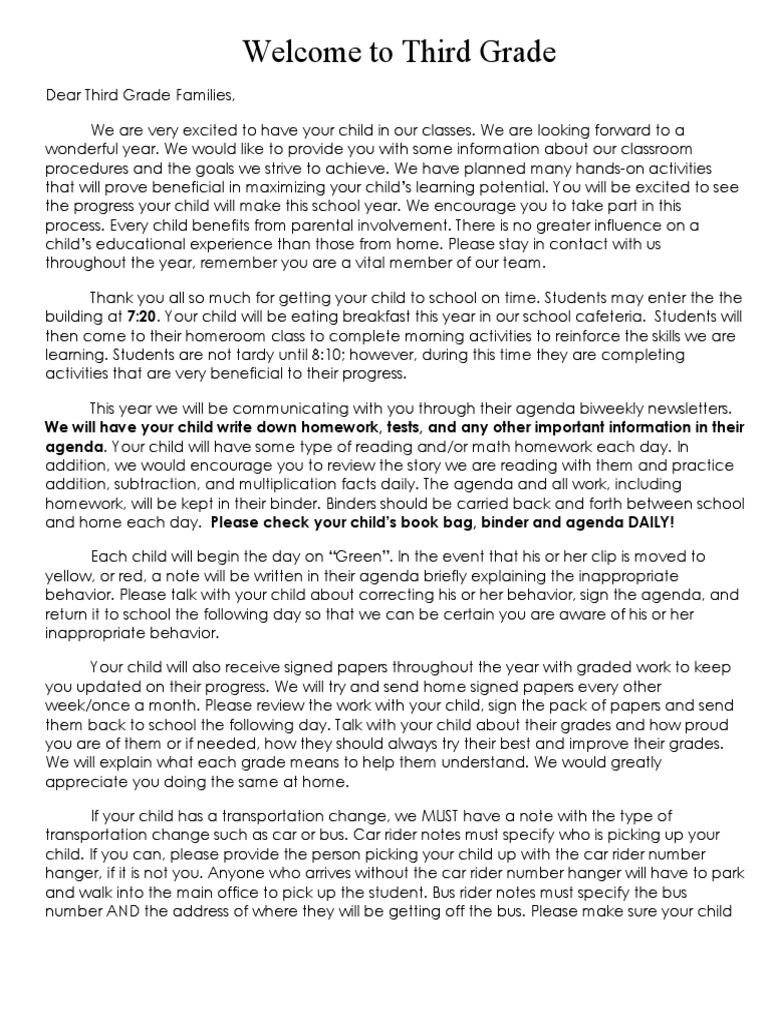 Third Grade Welcome Letter 2023 | PDF | Homework | Cognition