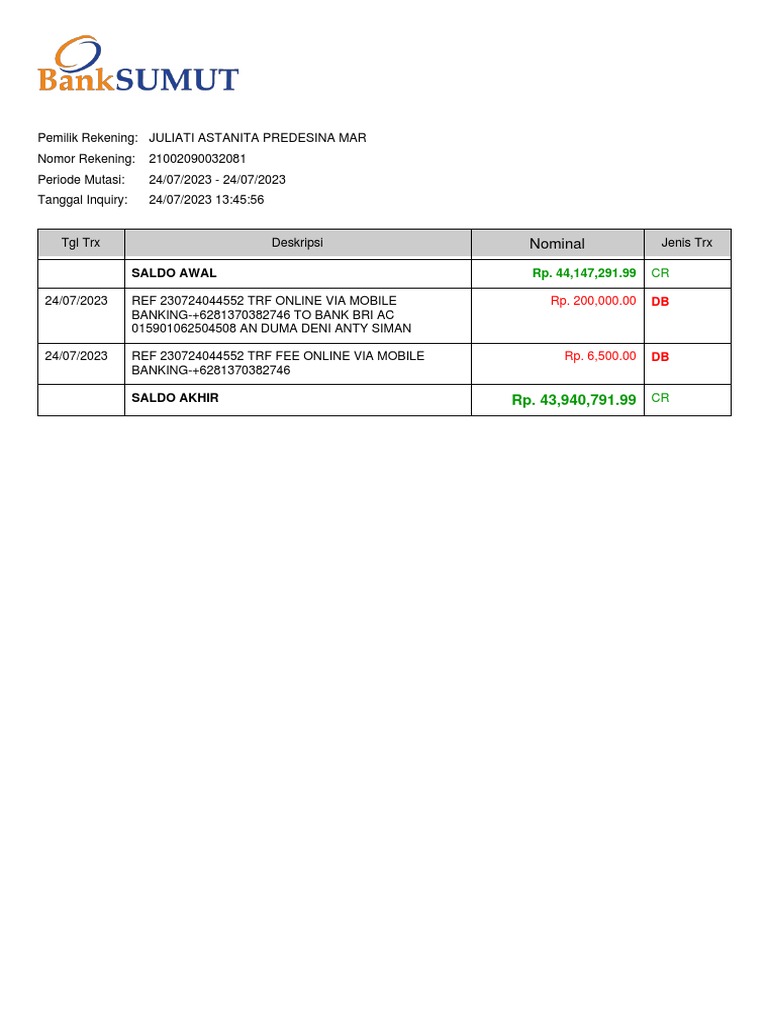 Bank - Sumut - Mutasi - 24 - 07 - 2023 13 - 45 - 56 PDF | PDF