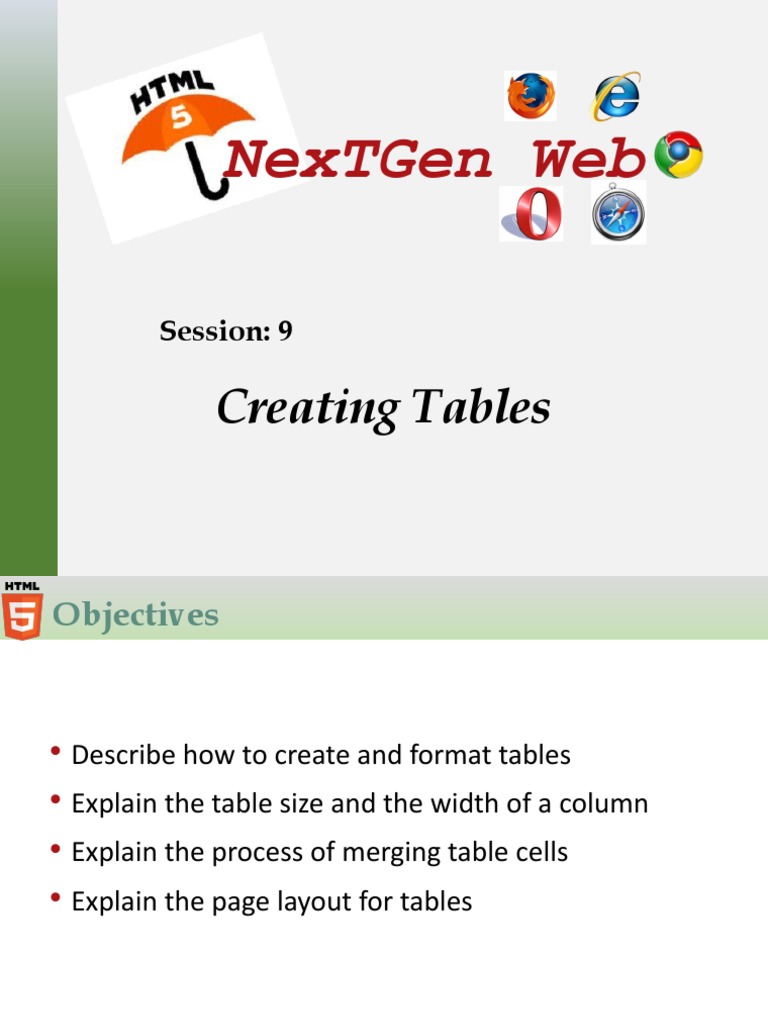 HTML5 S09 Tables | PDF | Html Element | Computer File Formats HTML5 S09 Tables | PDF | Html Element | Computer File Formats