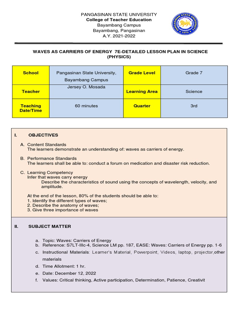 Mosada, Jersey O. 7e-Detailed-Lesson-Plan | PDF | Waves | Frequency