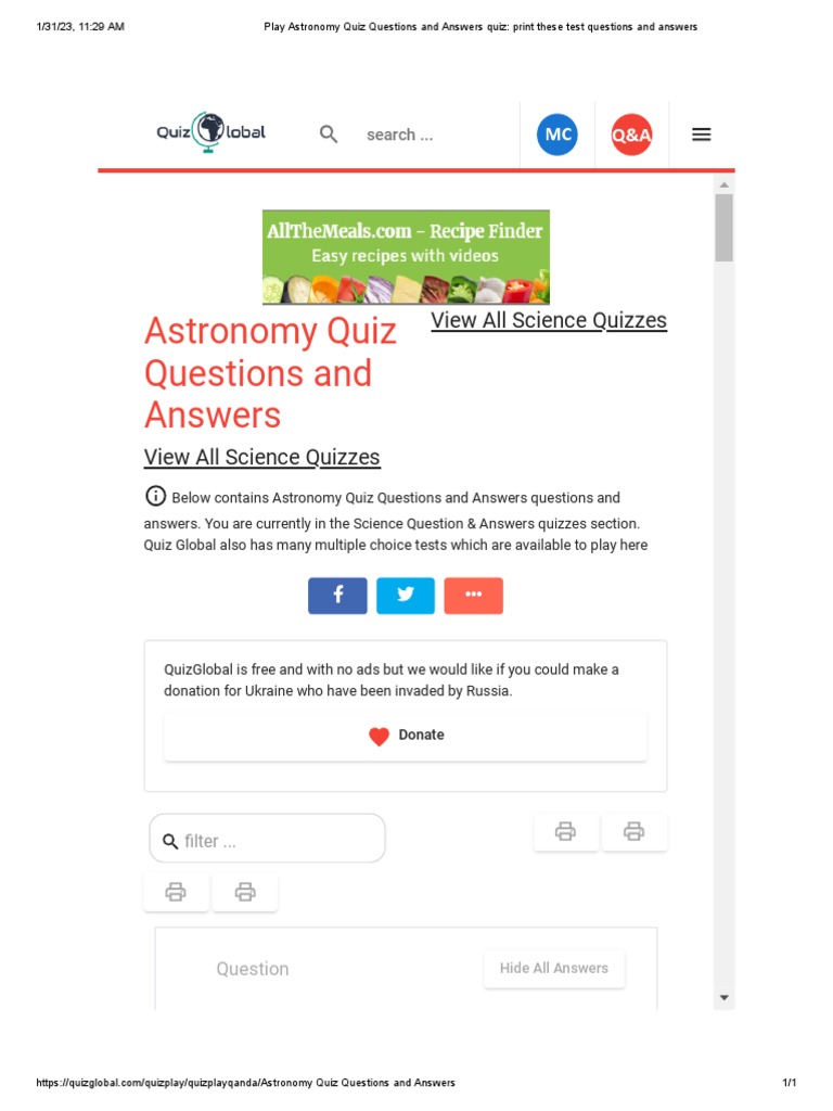 Play Astronomy Quiz Questions and Answers Quiz - Print These Test ...