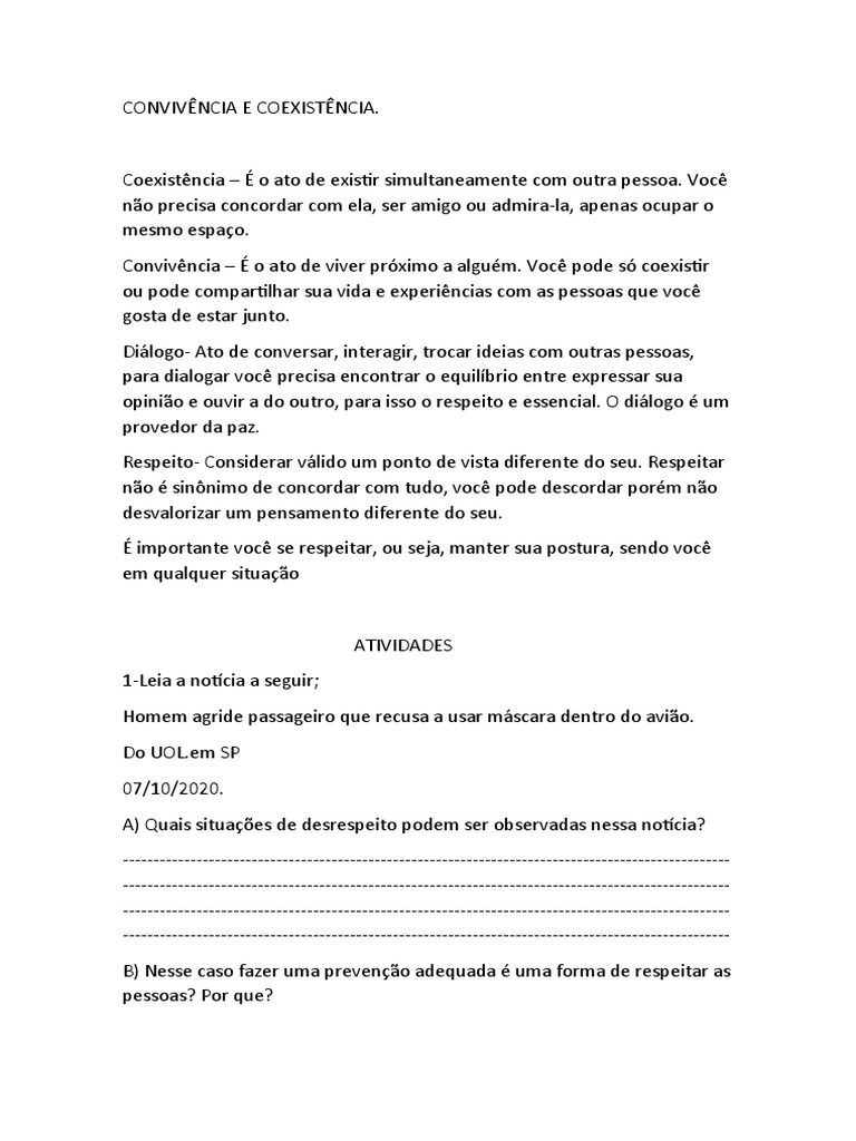 Convivência e Coexistência 9º Ano | PDF | Autoajuda