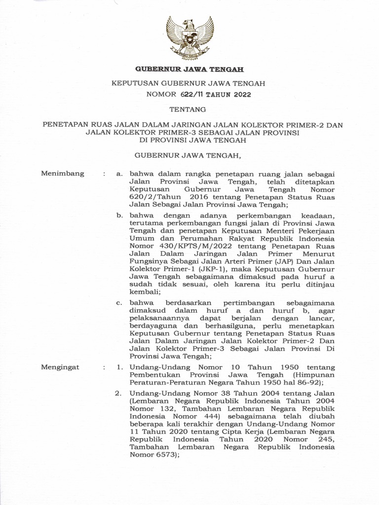 SK Fungsi Jalan Provinsi Jawa Tengah 2022 | PDF