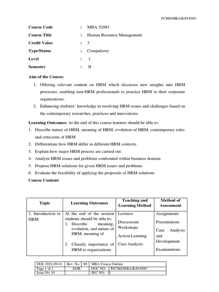 Human Resource Management (MBA 52083) - Course Outline | PDF | Human ...