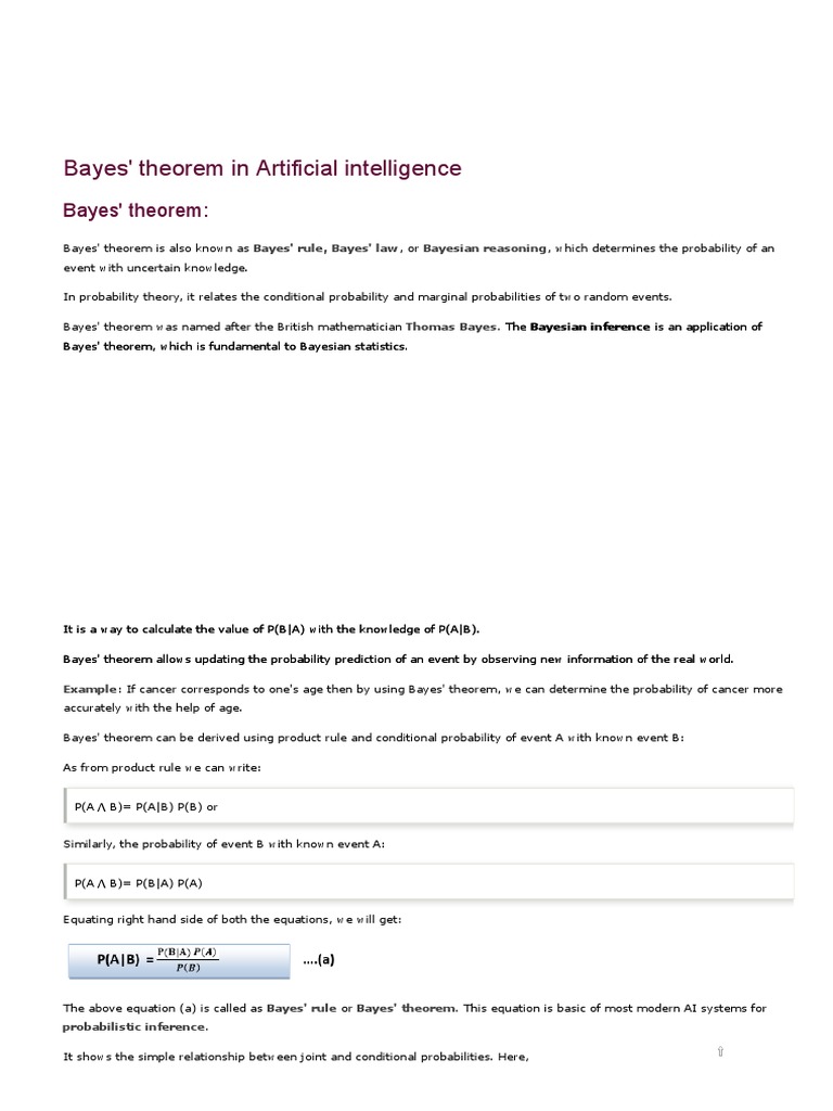 Bayes Theorem AI | Download Free PDF | Bayesian Inference | Mathematics Bayes Theorem AI | Download Free PDF | Bayesian Inference | Mathematics