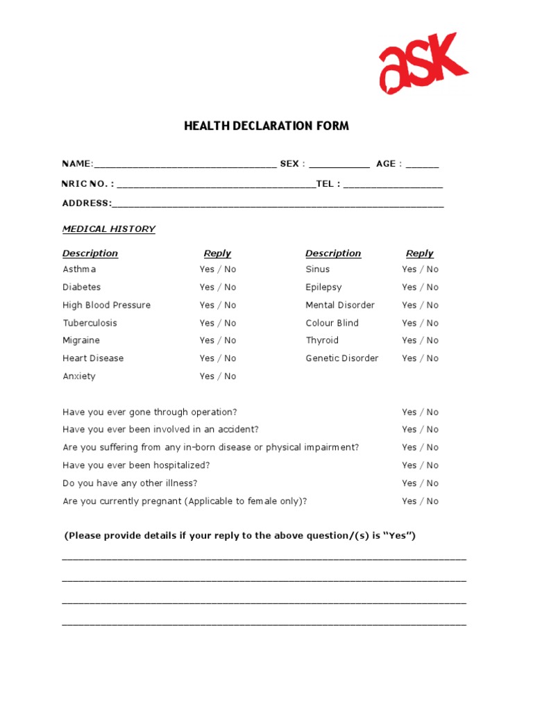 Health Declaration Form | PDF | Human Diseases And Disorders | Health ...
