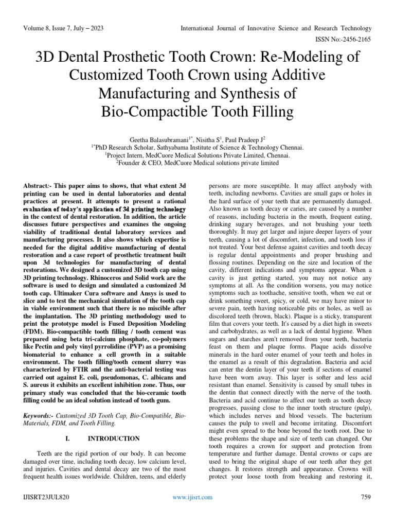 3D Dental Prosthetic Tooth Crown: Re-Modeling of Customized Tooth Crown ...
