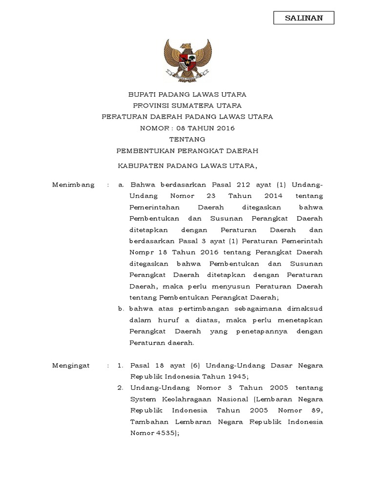 Perda Nomor 8 Tahun 2016 Tentang Pembentukan Perangkat Daerah | PDF