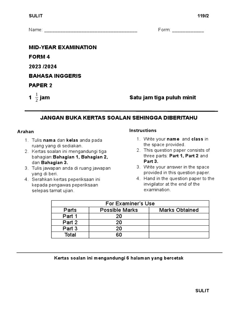 Form 4 Mid-Year English Exam 2023 | PDF | Human Communication